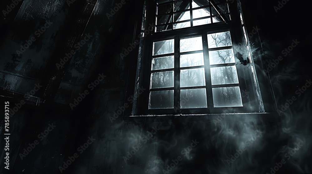 Abstract horror background for halloween. Gloomy scary window with ghostly light and shadow in ...