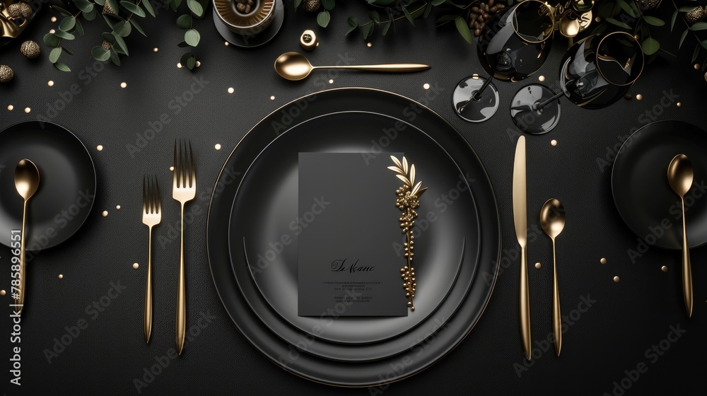 Fine dining table setting of luxury restaurant menu invitation card ...