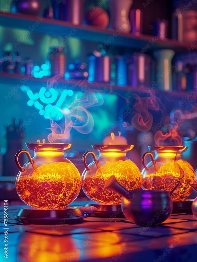 Potion brewing lab with AI assistants, bubbling cauldrons, bright ...