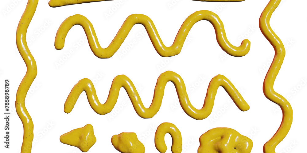 3d render of top view mustard sauce topping spill on transparent ...