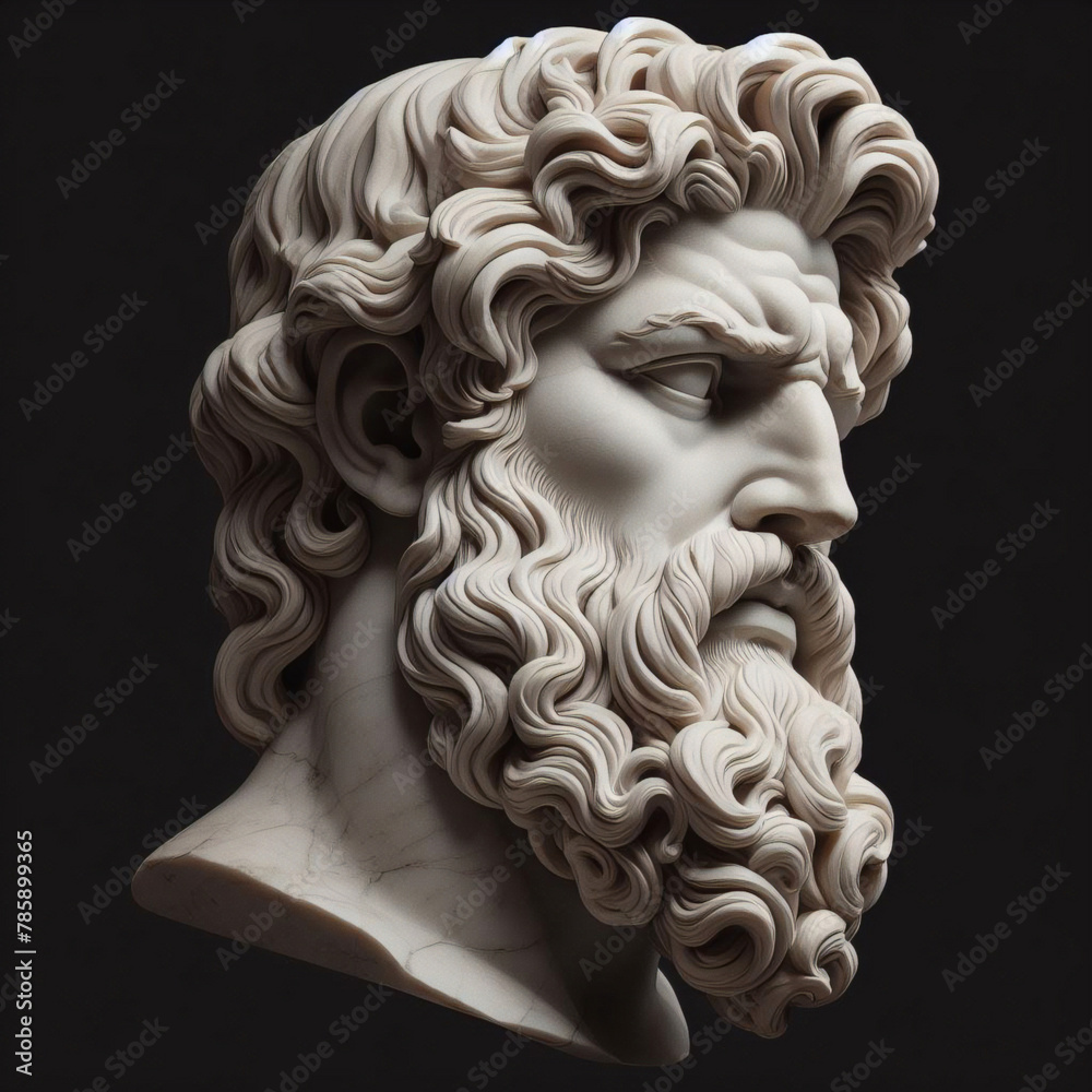 Handsome marble statue of powerful greek god Zeus over dark background ...