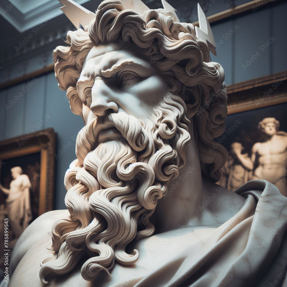 Handsome marble statue of powerful greek god Zeus over dark background ...
