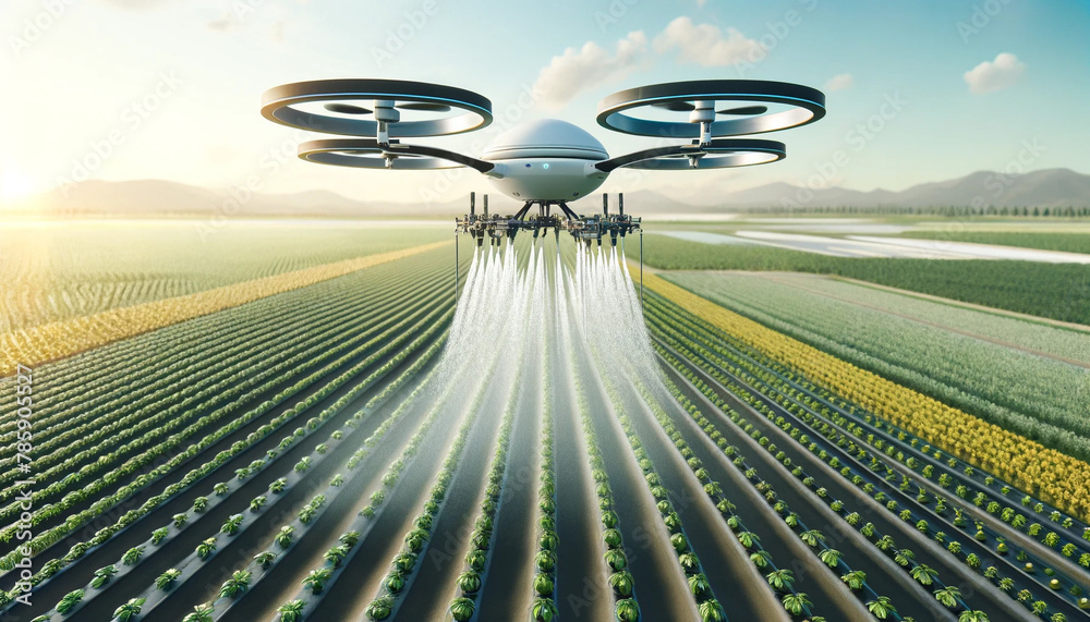 Drone is spraying a field of crops with water. The drone is flying low ...
