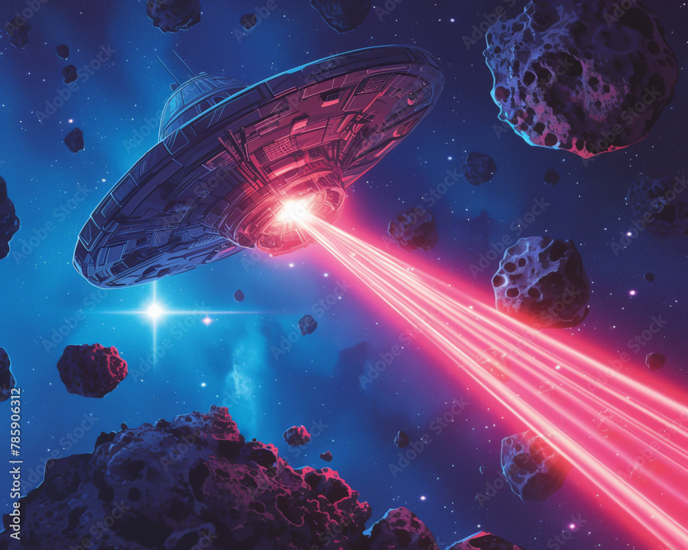 An illustration of a UFO in space. The UFO is firing a laser beam. Stock Illustration | Adobe Stock