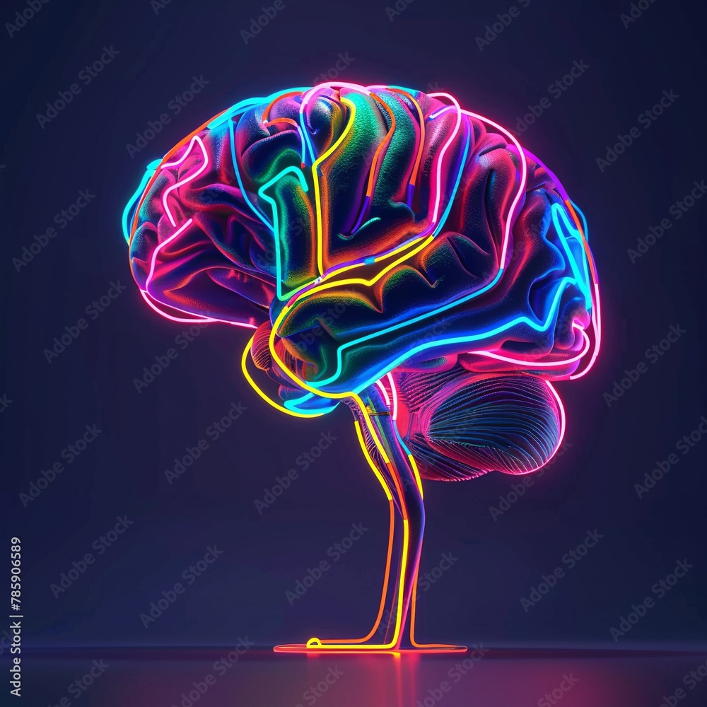 Brain sculpture in neon colors against dark backdrop, frontal view ...