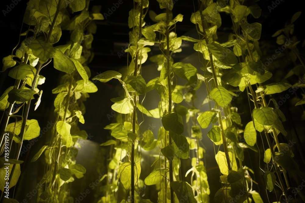 Beanstalk Ascent: Close-up of beanstalks climbing toward the artificial ...