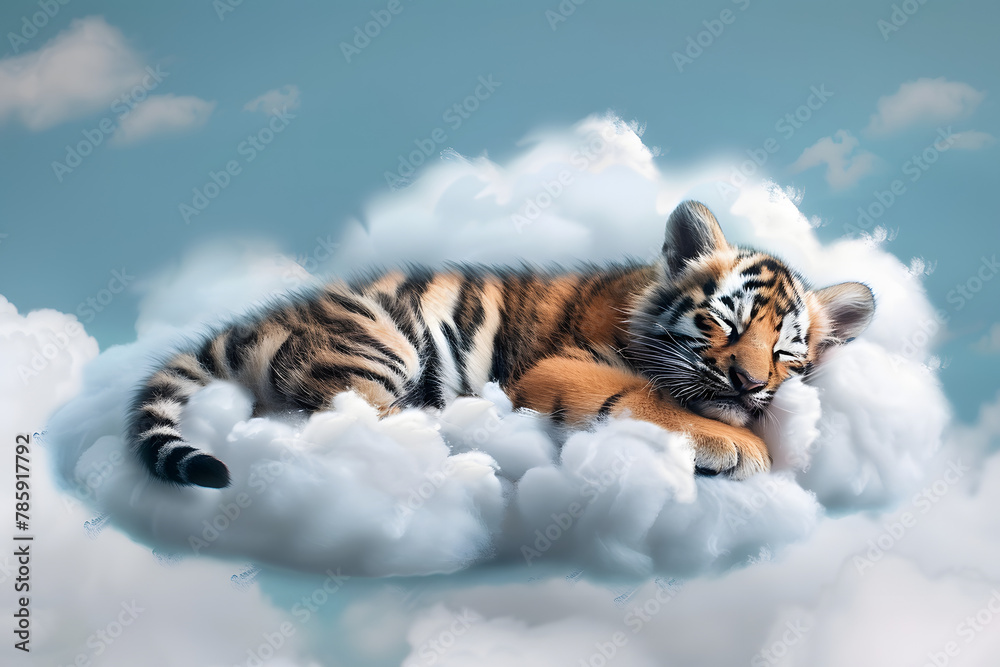 Clouds of Comfort, Cute Little Tiger Sleeping Peacefully on a Fluffy ...