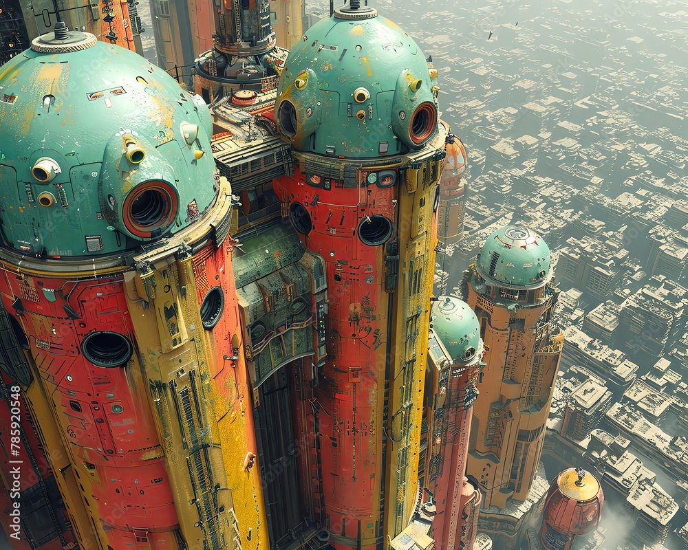 Capture a top-down perspective of a utopian cityscape intertwined with ...