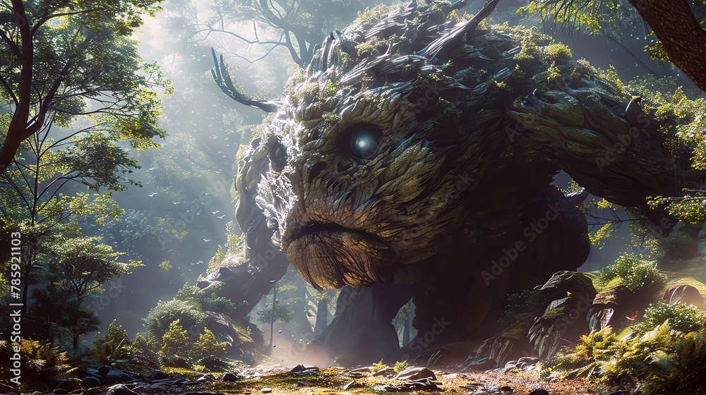 Illustrate a mystical forest scene from a worms-eye view, where ...