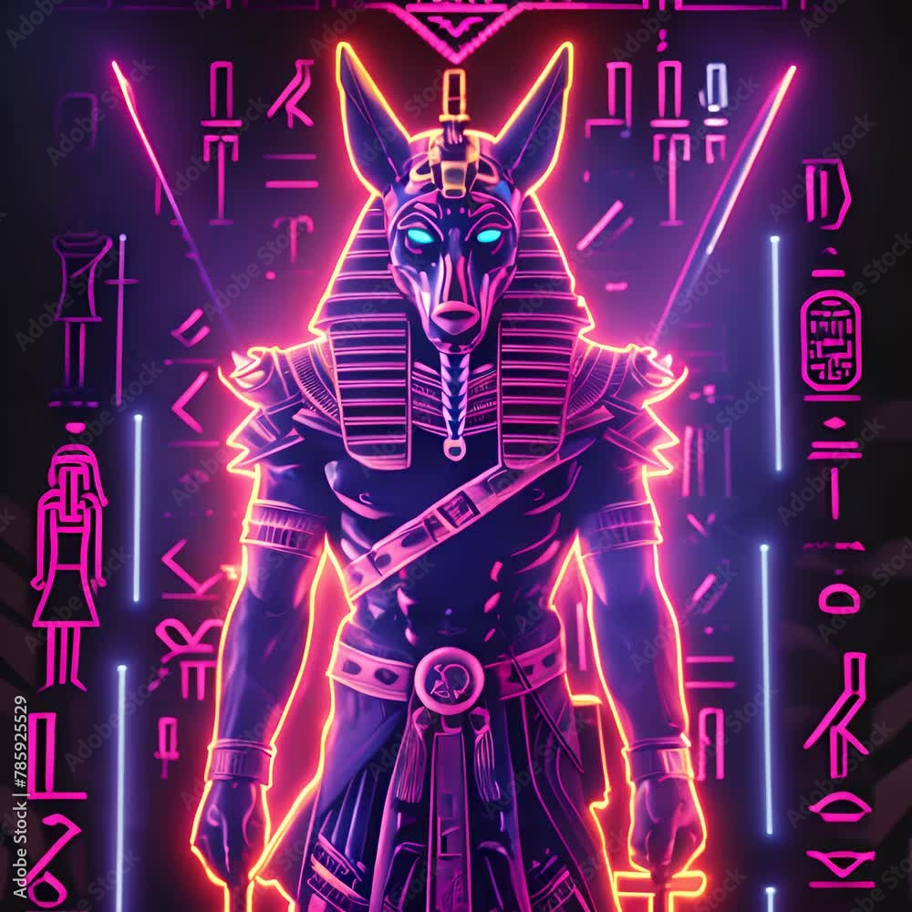 Anubis, the Egyptian god of the dead, is depicted in a modern, neon ...