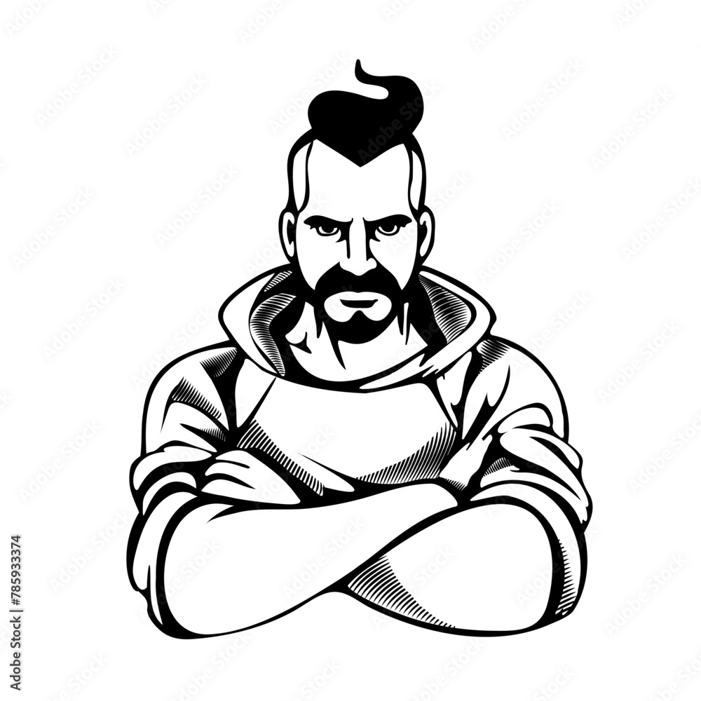 Monochrome Ukrainian man is hand drawn with crossed arms and serious ...
