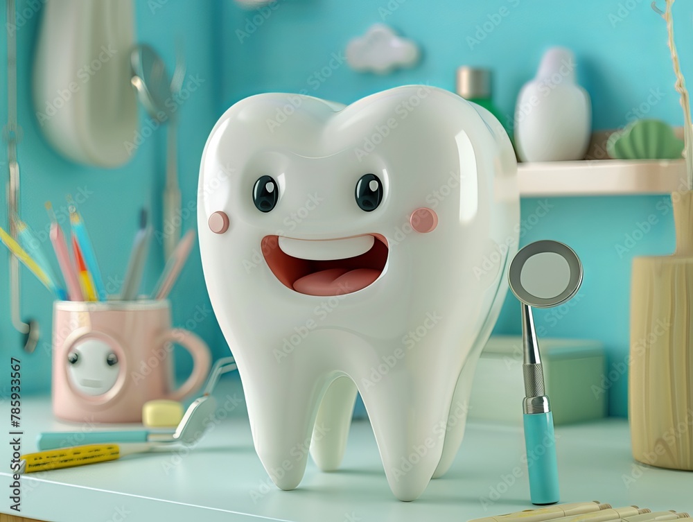 A 3D realistic vector illustration featuring a cheerful tooth character ...