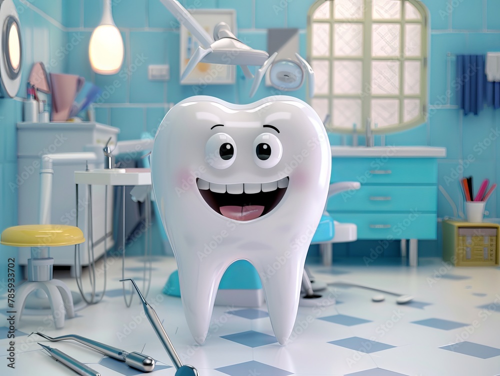 A 3D realistic vector illustration featuring a cheerful tooth character ...