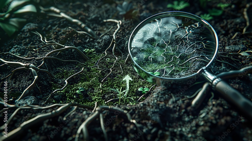 A magnifying glass examining a network of roots growing underground ...