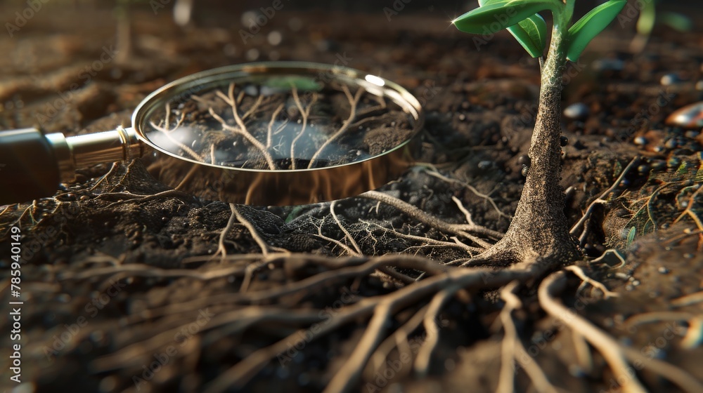 A magnifying glass examining a network of roots growing underground ...