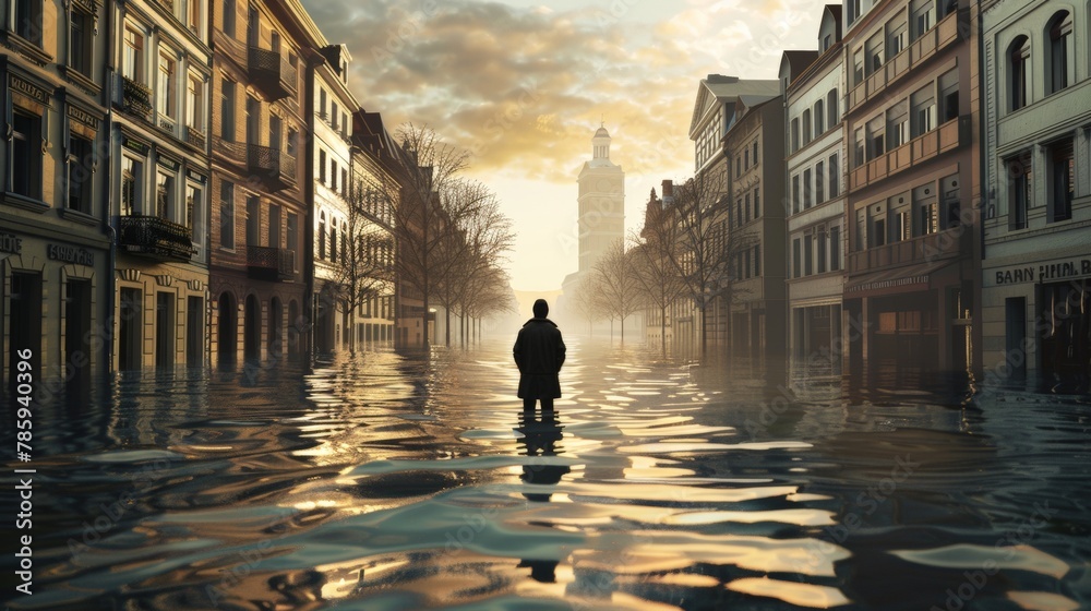 A lone figure standing on a flooded street, symbolizing the ...