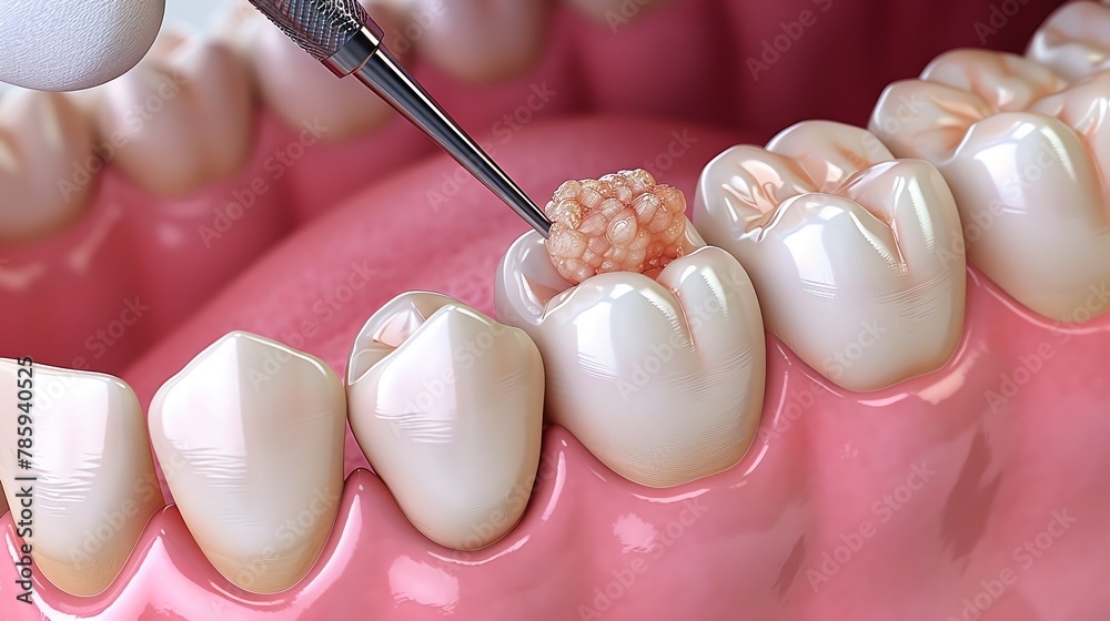 Digital art of a dentist replacing old dental fillings, closeup on the ...