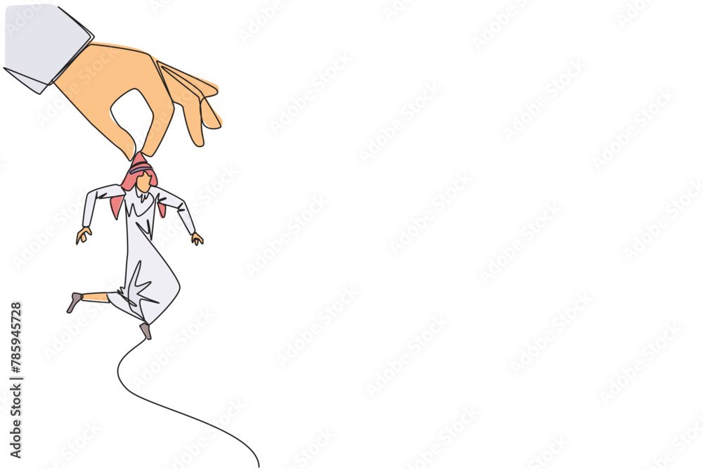 Continuous one line drawing big hand holding Arabian businessman ...
