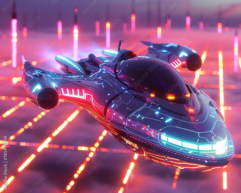 Cyberpunk spaceship, neon-lit, sleek aerodynamics, soaring through a ...