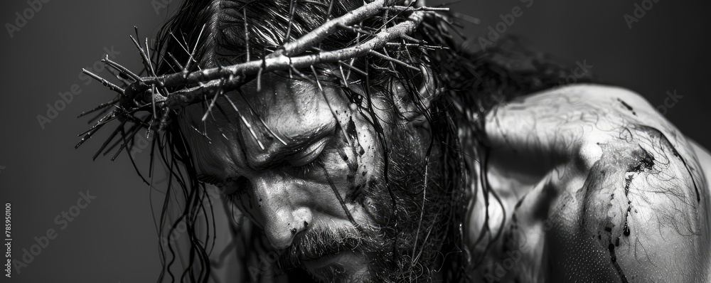 Detailed image of a man wearing a crown of thorns, with blood on his ...