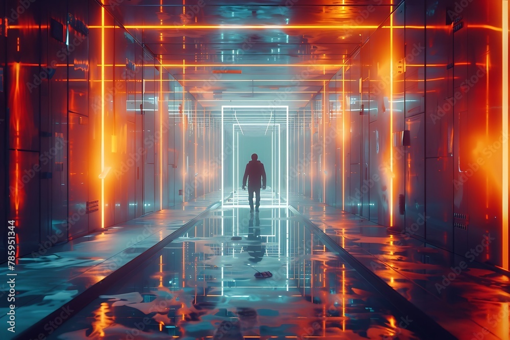 a futuristic corridor with advanced security portals, resembling sleek ...