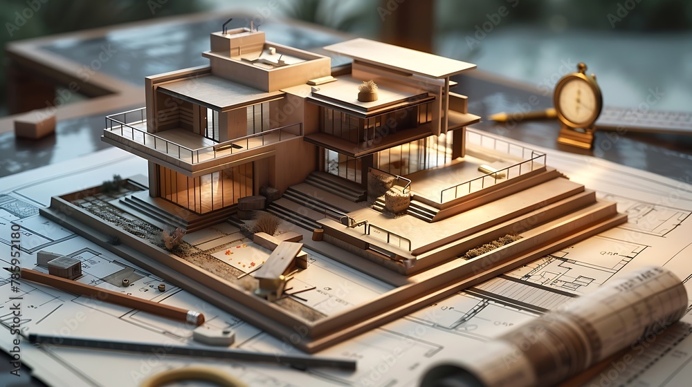 a detailed architectural model of a residential house placed on top of ...