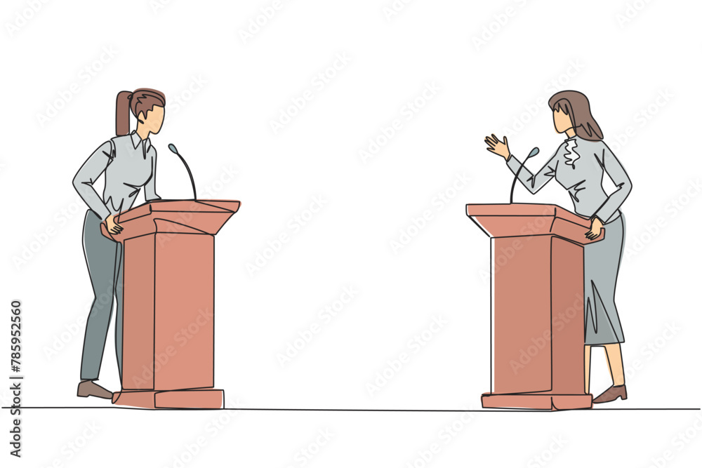 Single continuous line drawing two businesswomen arguing on the podium ...
