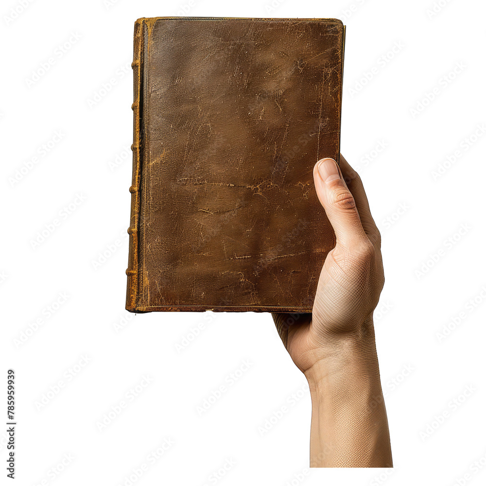 hand holding up afront facing open book with two pages, blank sheets ...