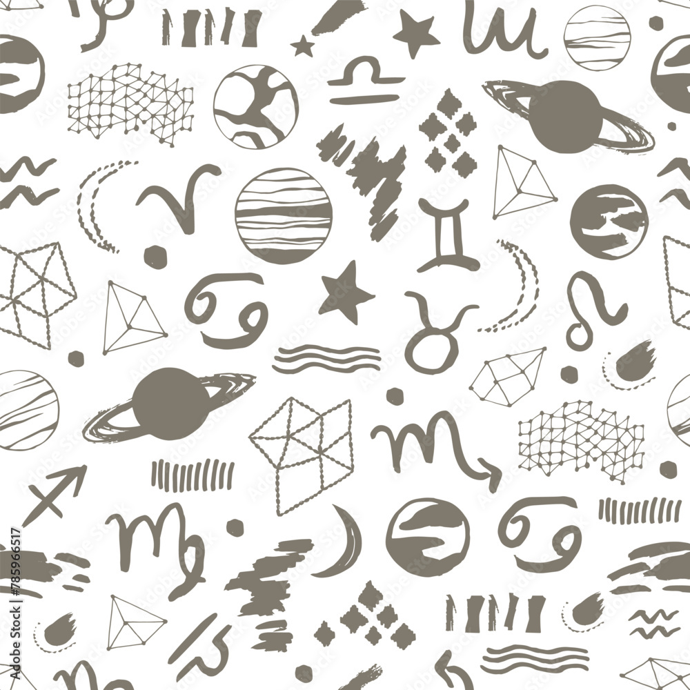 Seamless pattern. Signs of the zodiac, phases of the moon, sun and moon ...