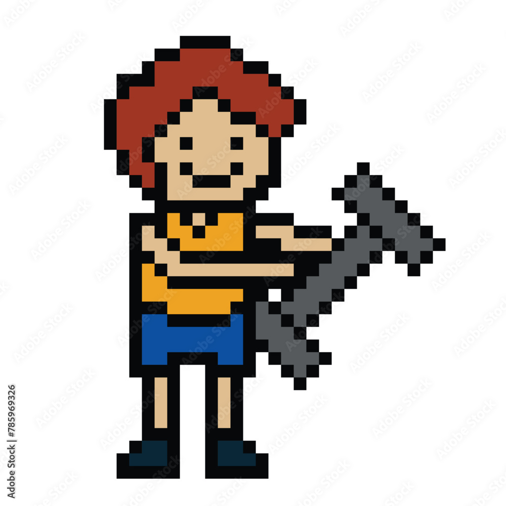 Cute pixel cartoon 8bit character man weight training with dumbbell ...