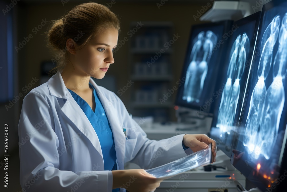 Female pulmonologist, analyzing chest X-rays in the radiology ...