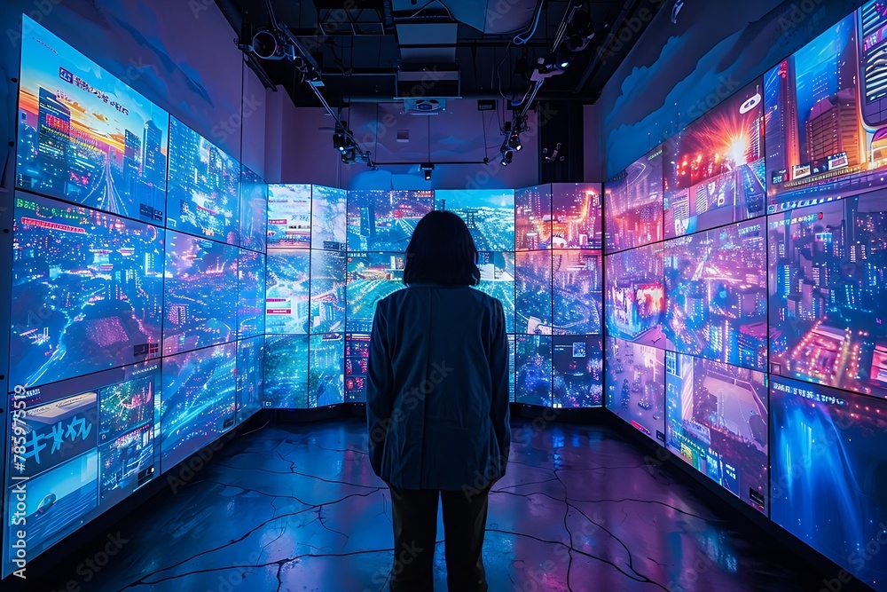 A person standing in a modern control room facing a large curved wall ...