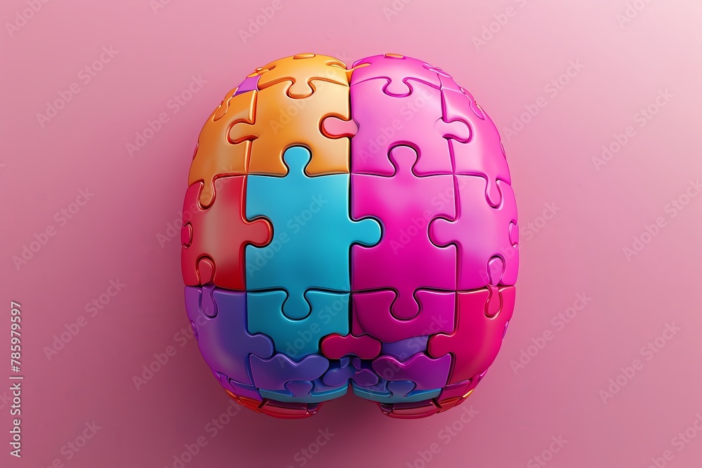 Brain puzzle pieces fitting together, top view, bright colors, metaphor ...