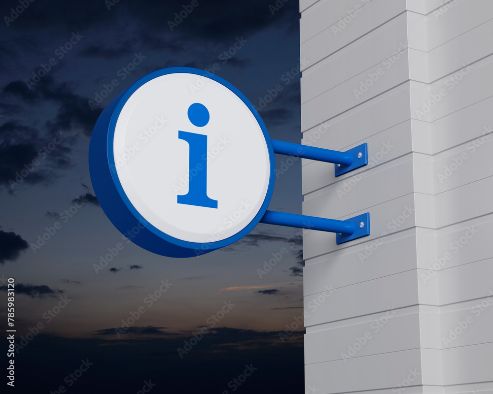 Information icon on hanging blue rounded signboard over sunset sky ...