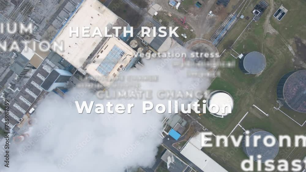 Flying text animation over industry factory covered with smoke: CO2 ...