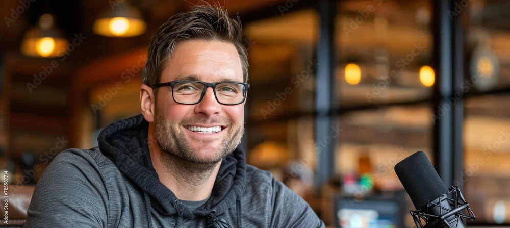 Joyful radio host speaking into microphone during live broadcast in ...