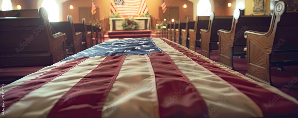 American flag draped a coffin at military funeral inside a church ...