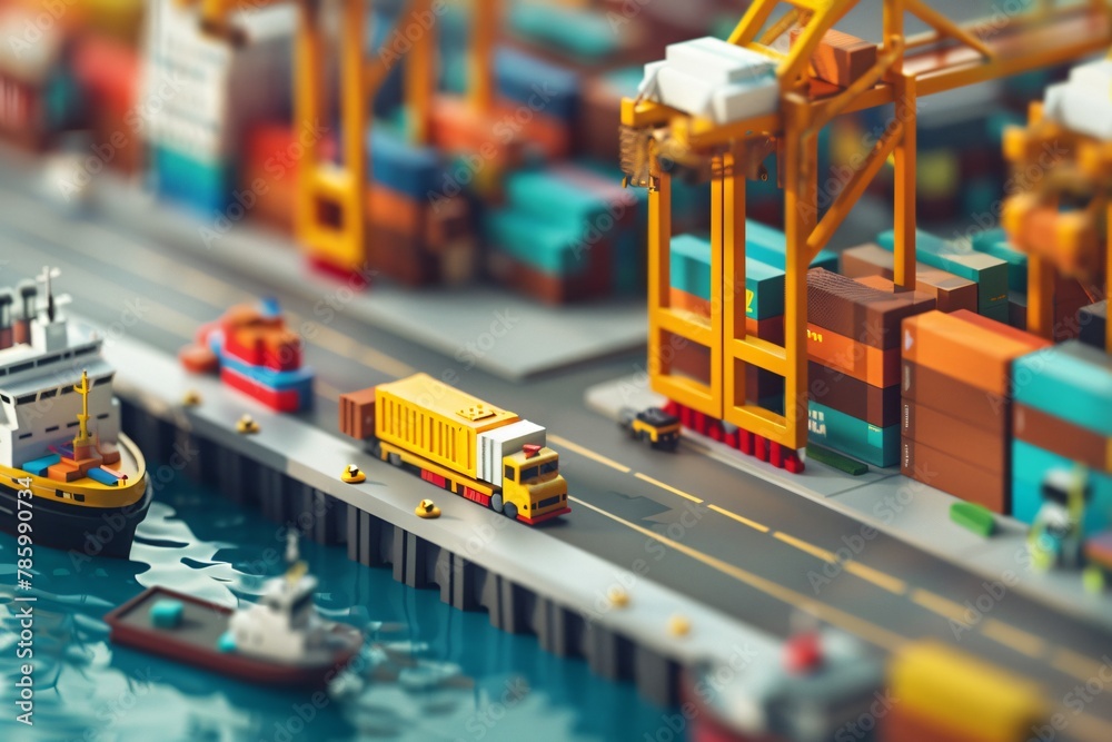 Miniature of cargo port activity, truck carrying a container to the ...