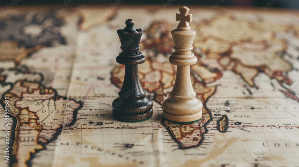 Geopolitics concept image with two chess pieces on a world map ...