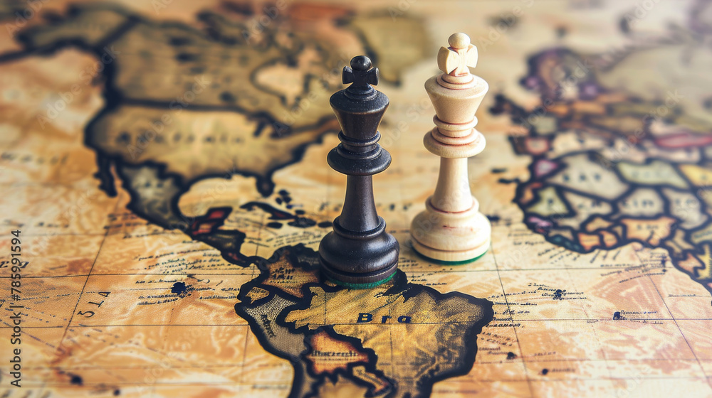 Geopolitics concept image with two chess pieces on a world map ... Geopolitics concept image with two chess pieces on a world map ...