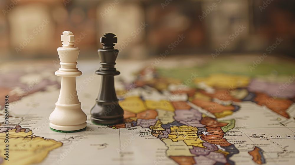 Geopolitics concept image with two chess pieces on a world map ... Geopolitics concept image with two chess pieces on a world map ...
