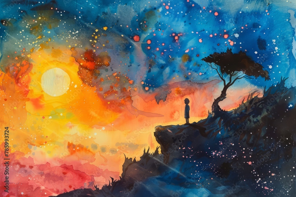 Dreamy watercolor scene of the Little Prince watching the sunset with ...