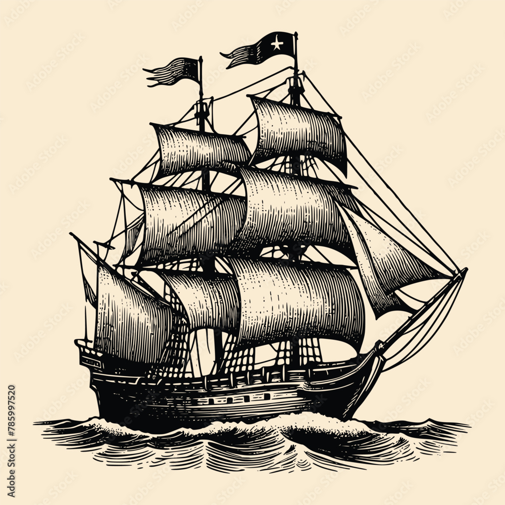 hand drawn ship old engraving vector illustration style. illustration ...