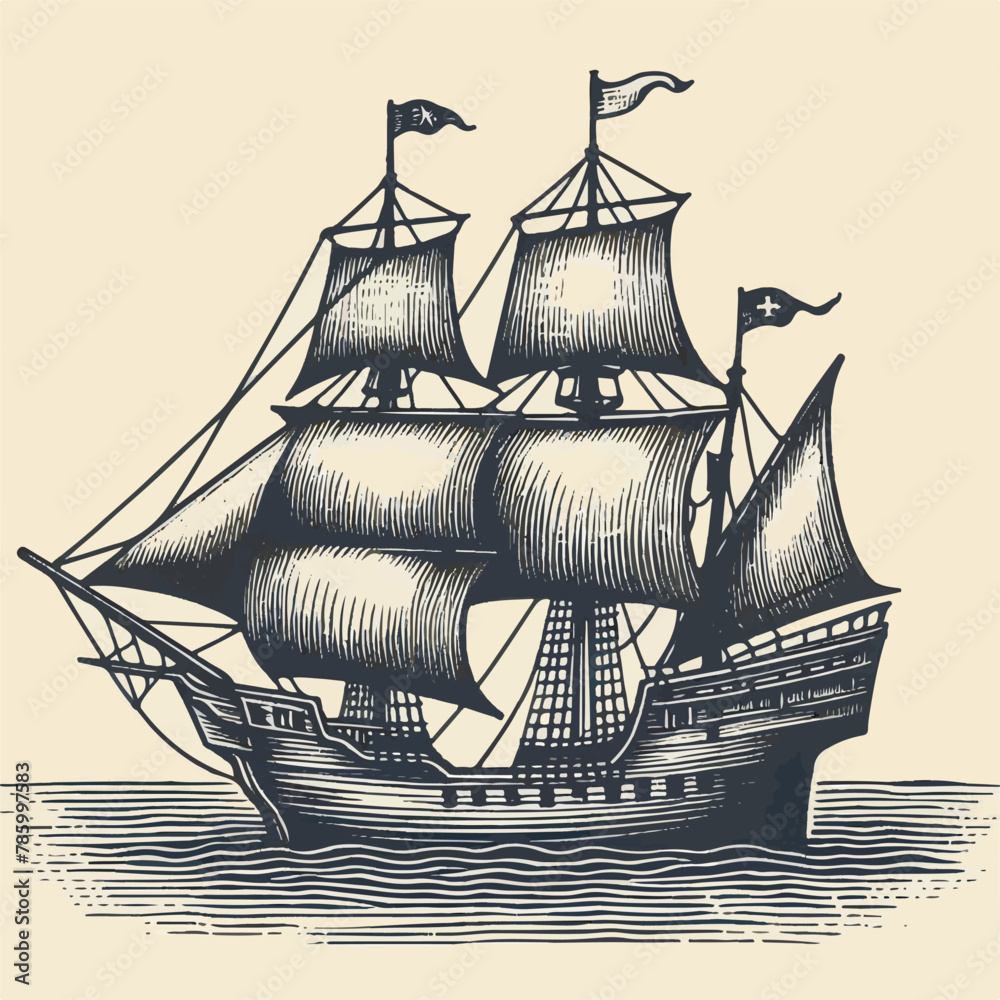 hand drawn ship old engraving vector illustration style. illustration ...