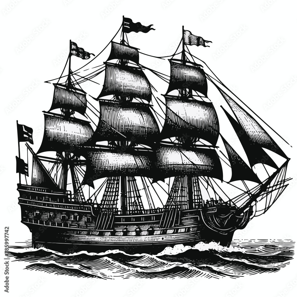 hand drawn ship old engraving vector illustration style. illustration ...