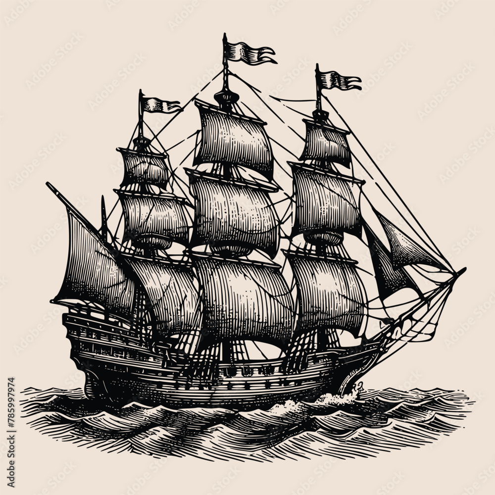 hand drawn ship old engraving vector illustration style. illustration of an old fashioned ...