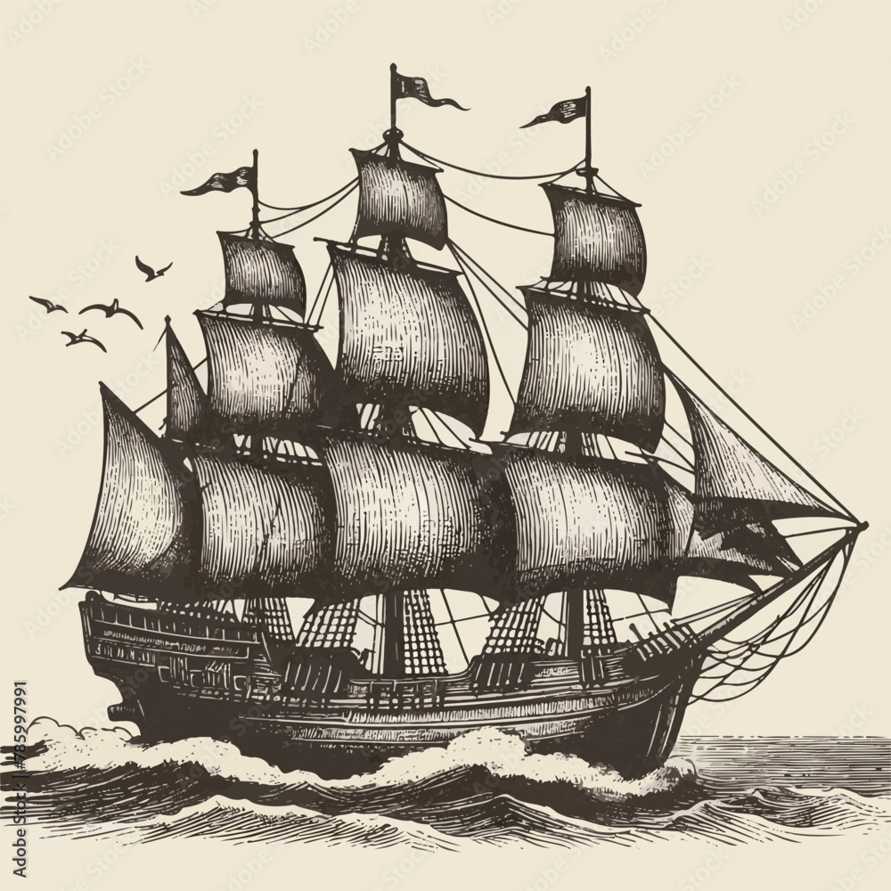 hand drawn ship old engraving vector illustration style. illustration ...