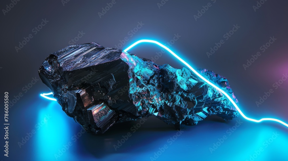Photographs the carbon chunk with a streak of electric blue neon light ...