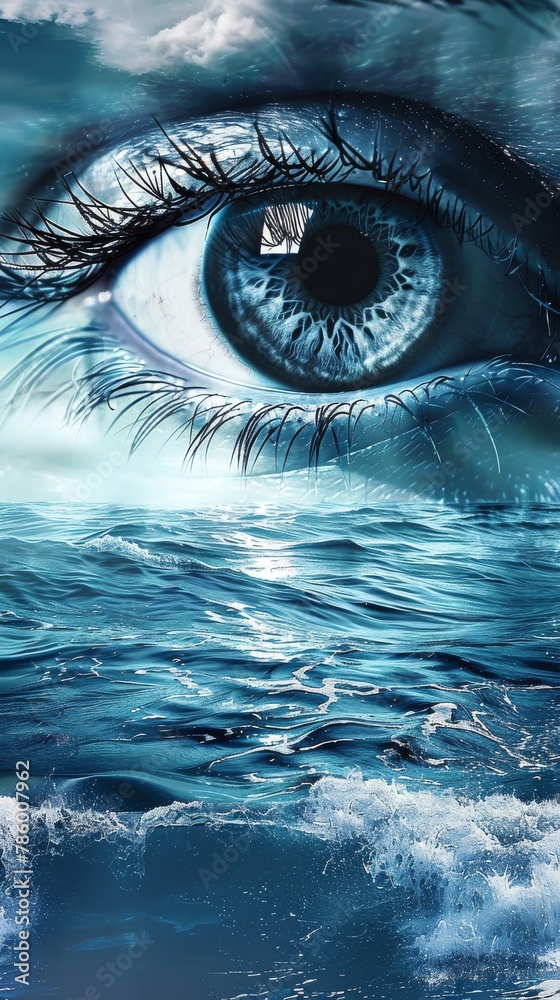 Photographs an eye with a backdrop of deep, piercing blue waters ...