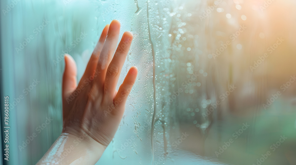 Woman hand wipes off water condensation from window glass at home. High ...